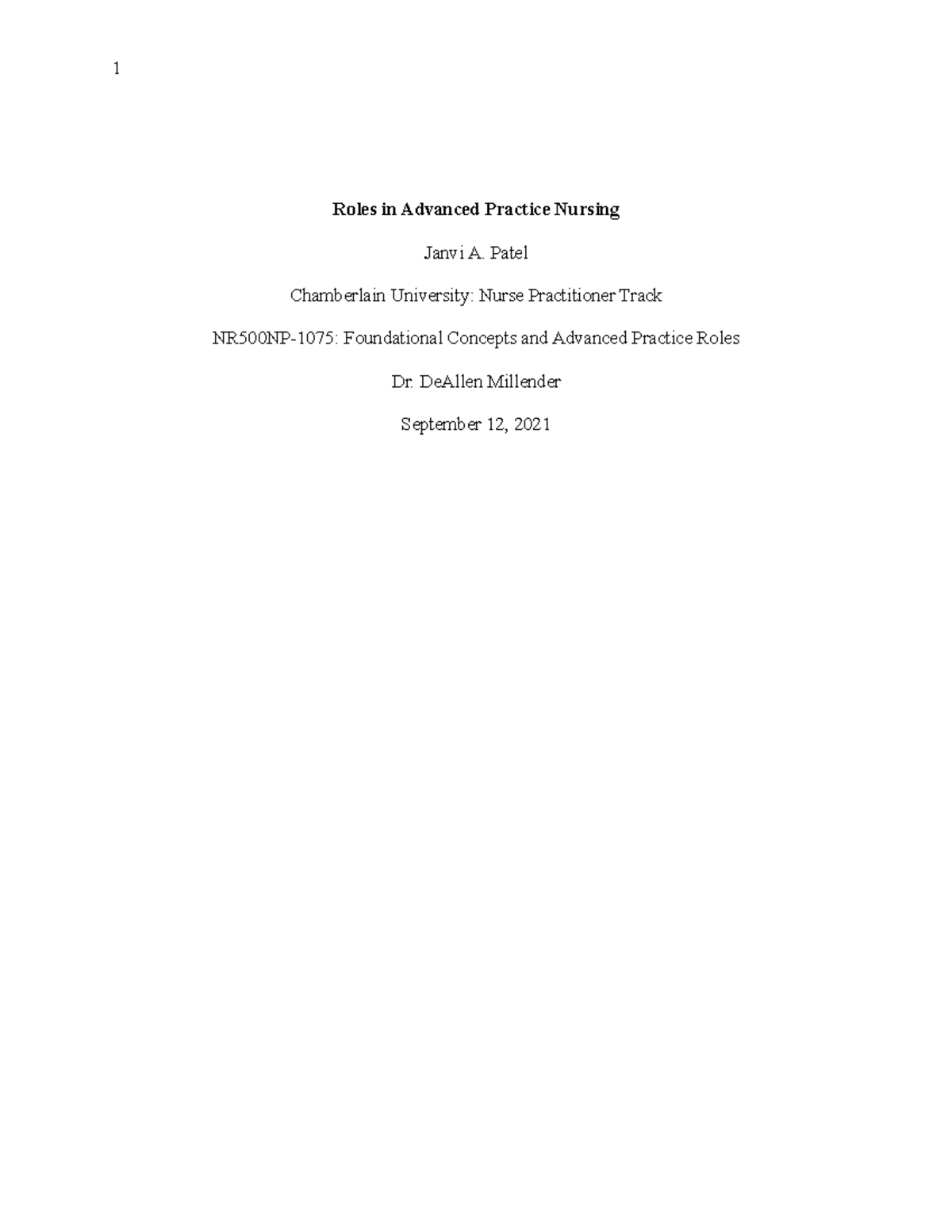 Roles in Advanced Practice Nursing NP Week 2 Paper - JAP - Roles in ...