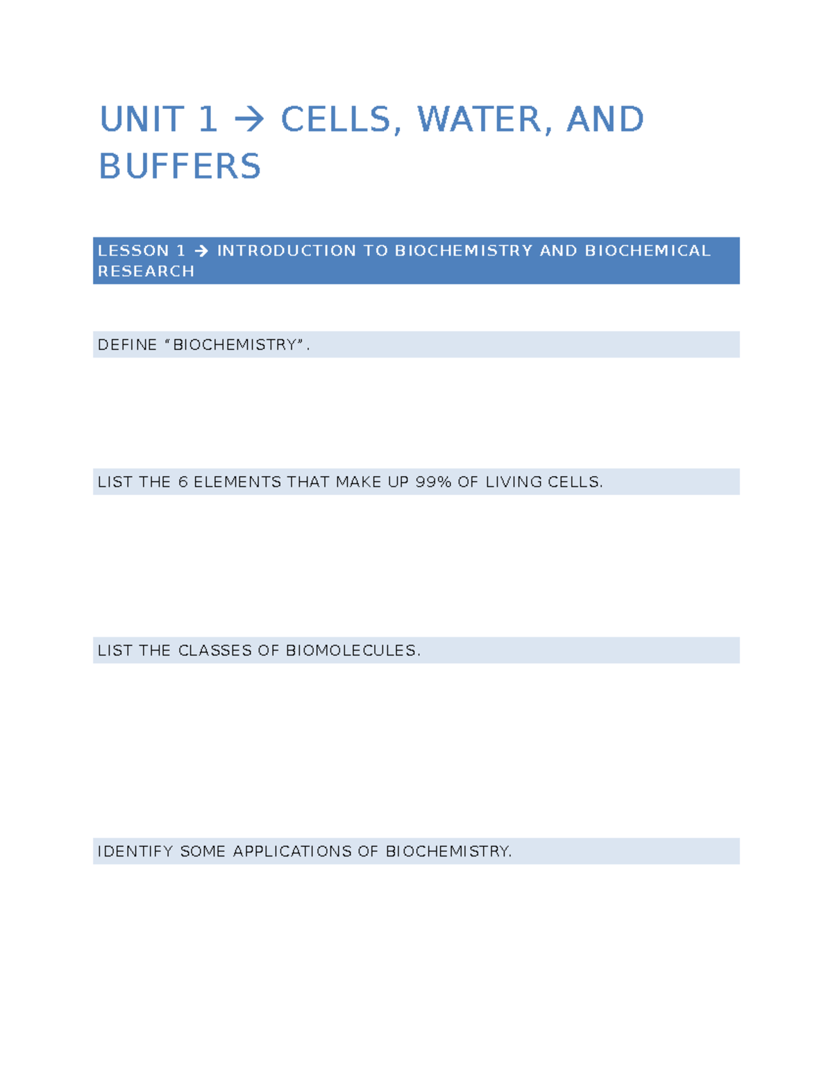 CHEM 301 - study note template - UNIT 1 CELLS, WATER, AND BUFFERS ...