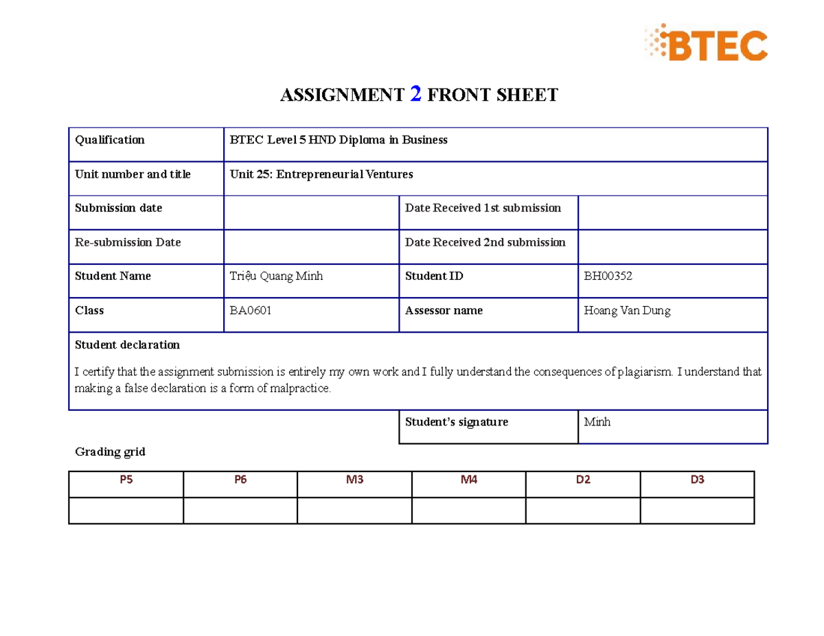 TQM - ASM 2 - 5047 EV - 5047 - ASSIGNMENT 2 FRONT SHEET Qualification BTEC Level 5 HND Diploma ...