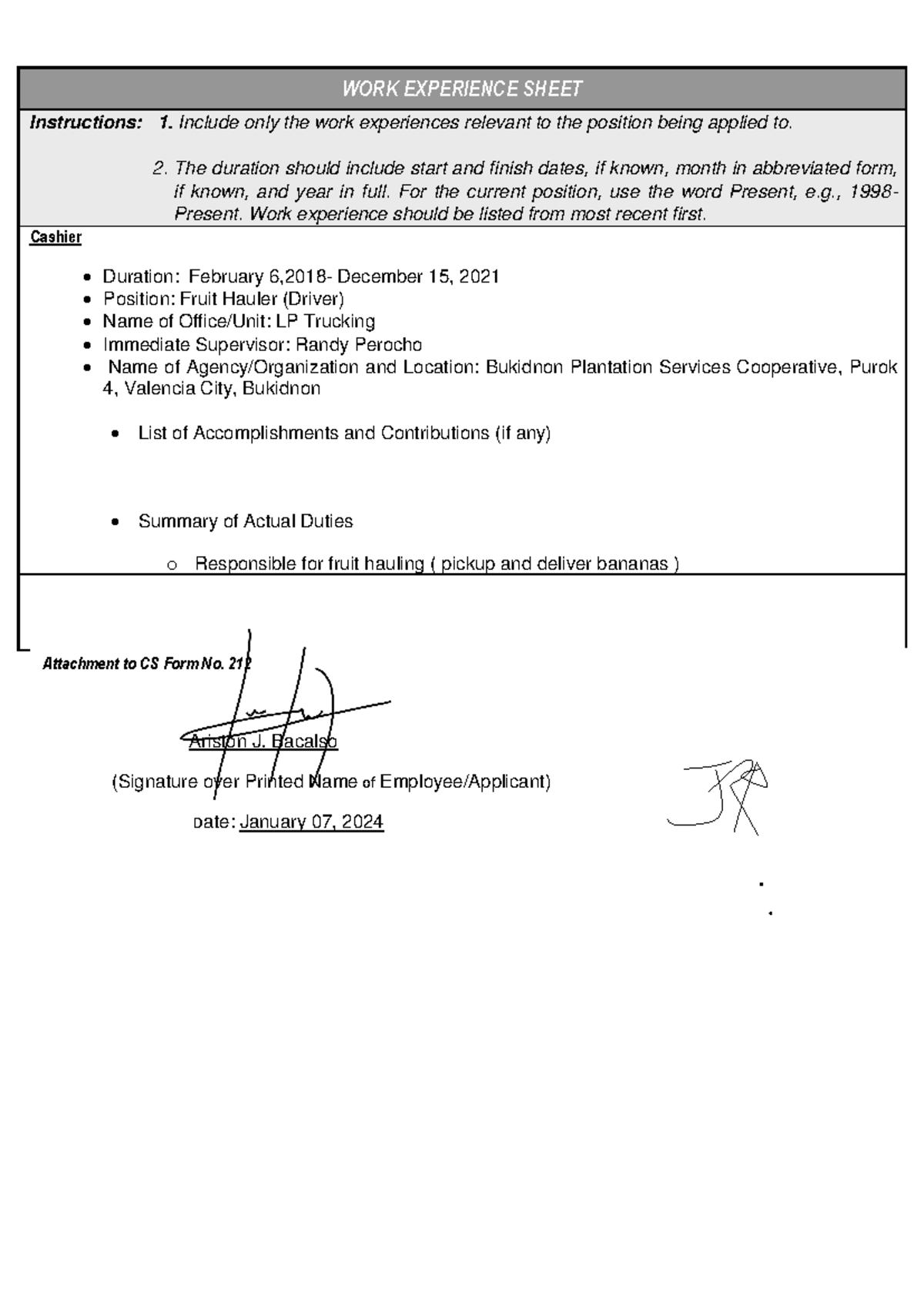 Work experience sheet 1 - Ariston J. Bacalso (Signature over Printed Name of Employee/Applicant ...