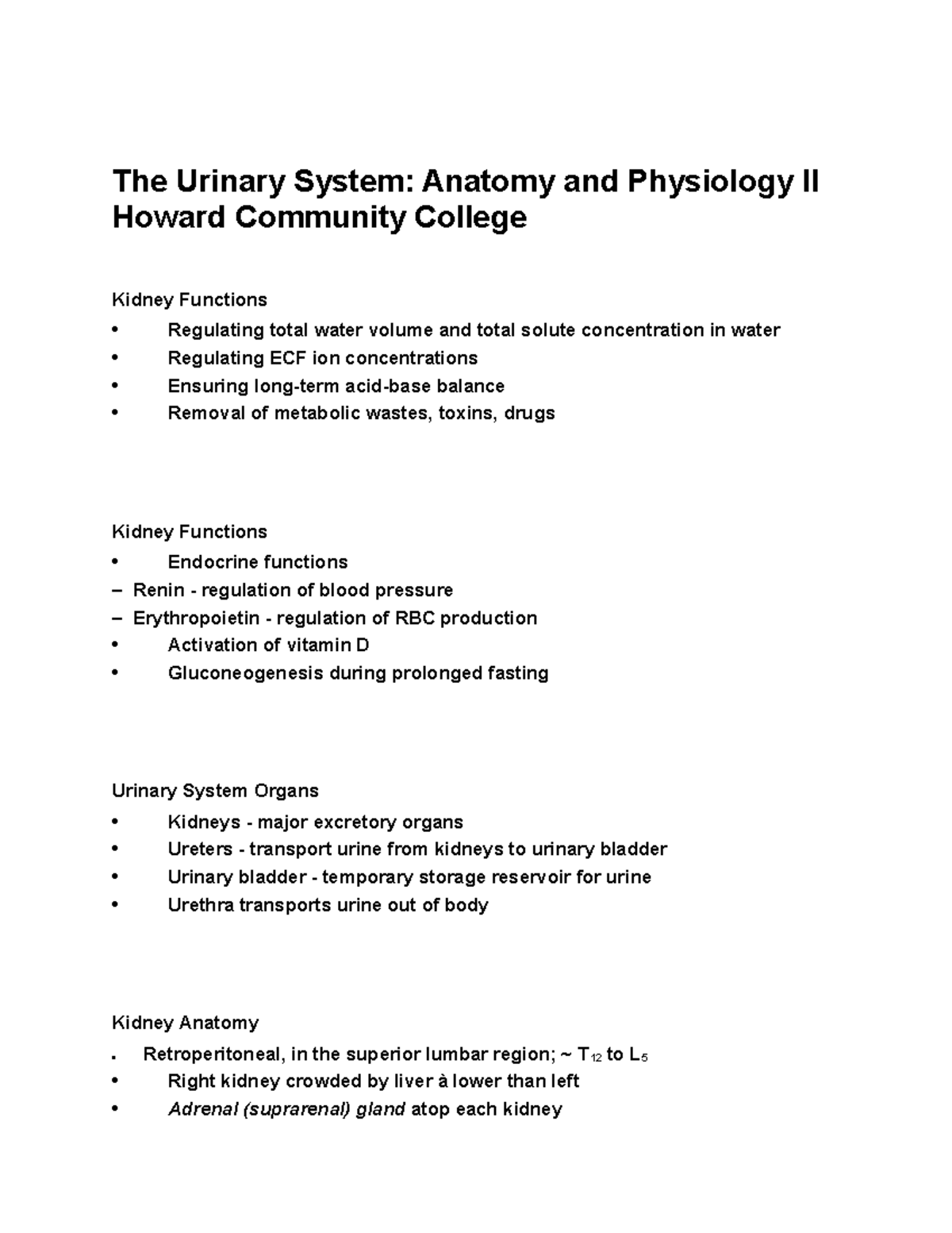 The Urinary System Anatomy and Physiology II Howard Community College ...