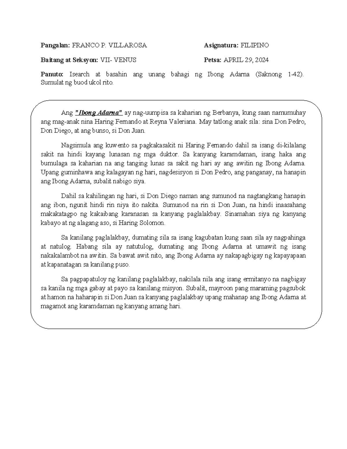 BUOD NG Ibong Adarna - Buod - Pangalan: FRANCO P. VILLAROSA Asignatura ...