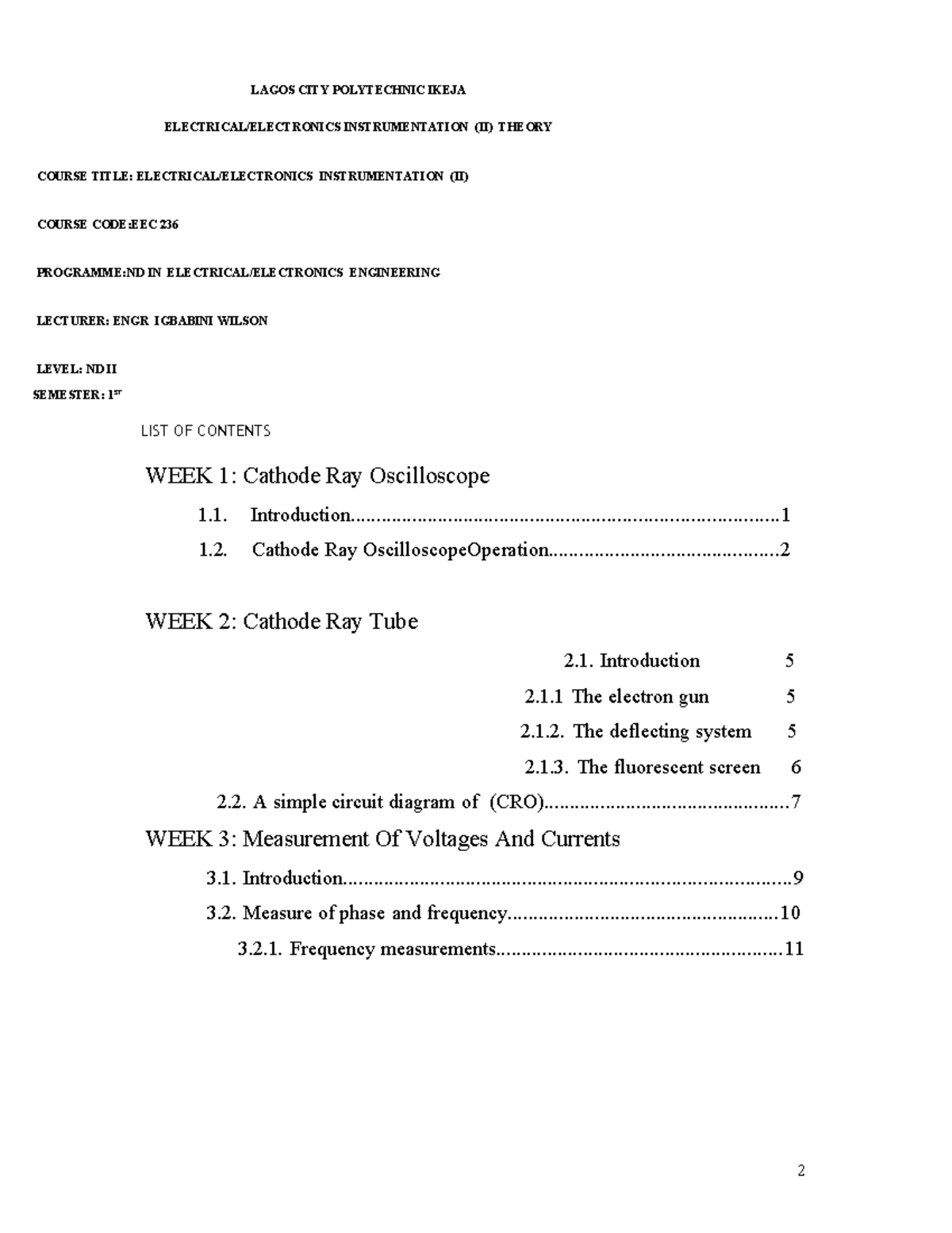 EEC-236 - LAGOS CITY POLYTECHNIC IKEJA ELECTRICAL/ELECTRONICS INSTRUMENTATION (II) THEORY COURSE ...