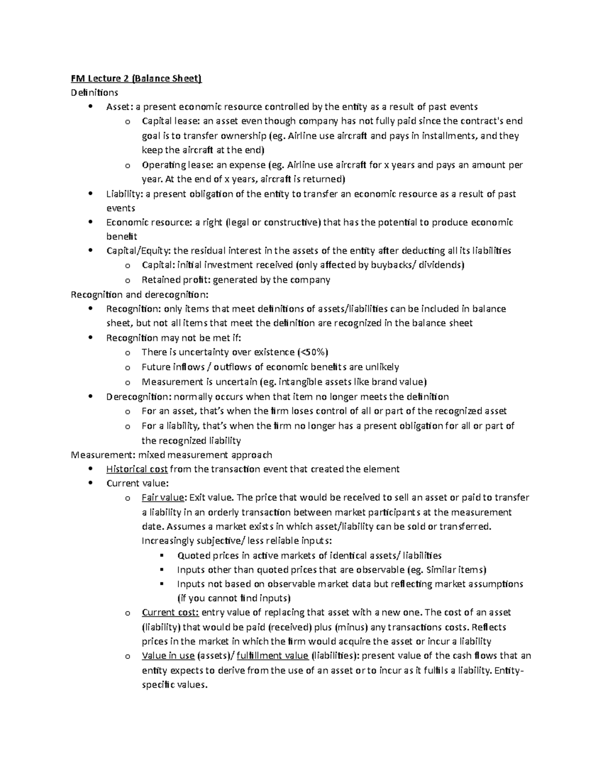 Financial Management: Balance Sheets Notes - FM Lecture 2 (Balance ...