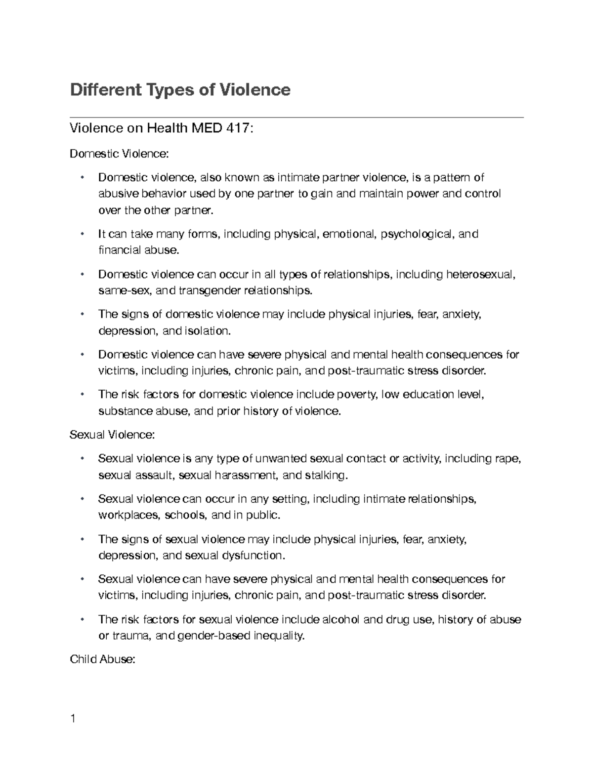 Different Types of Violence Notes - Different Types of Violence ...