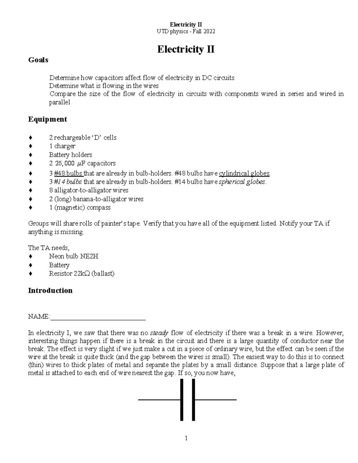 04.0 Electricity II - UTD physics - Fall 2022 Electricity II Goals ...