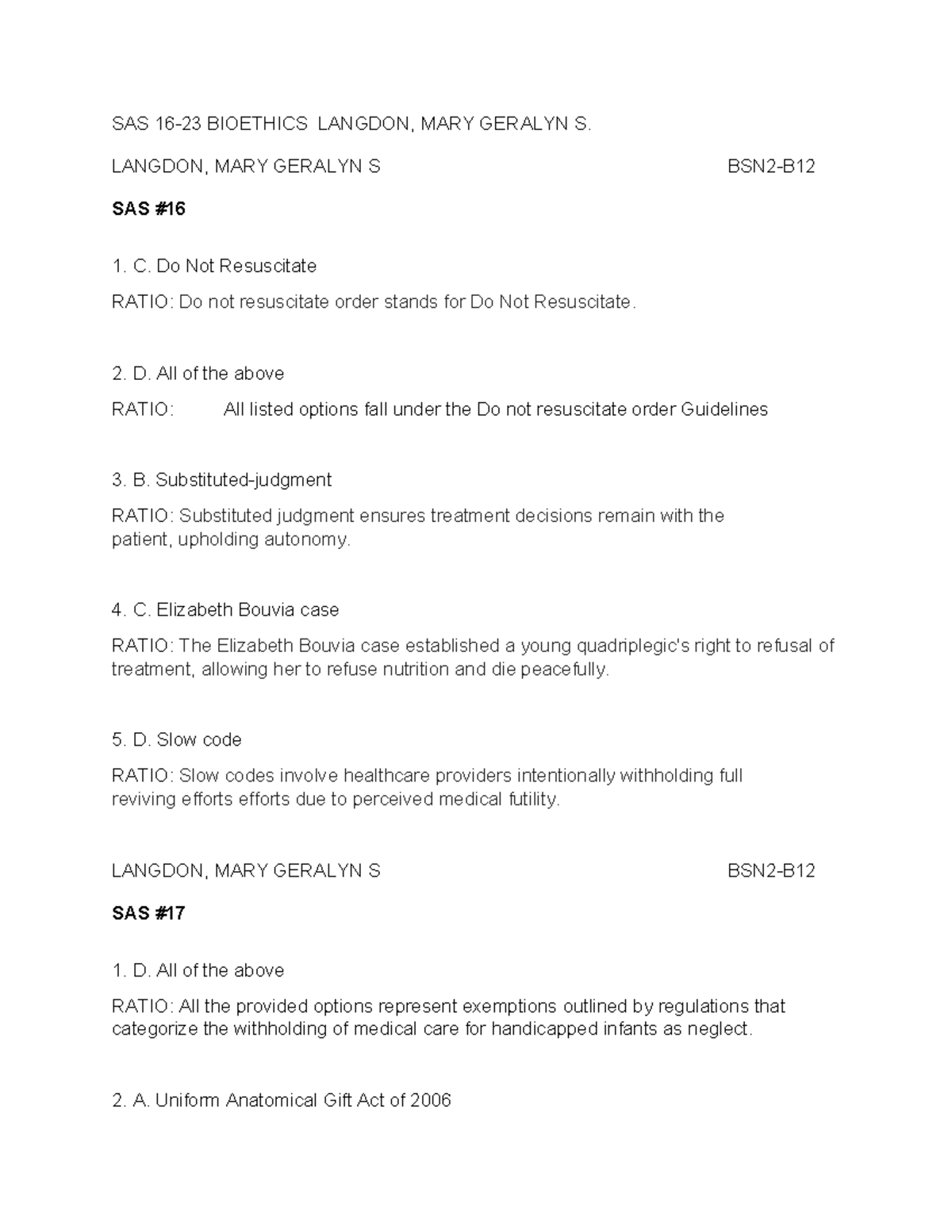 SAS 16 23 Bioethics Langdon MARY Geralyn S - SAS 16-23 BIOETHICS LANGDON, MARY GERALYN S ...