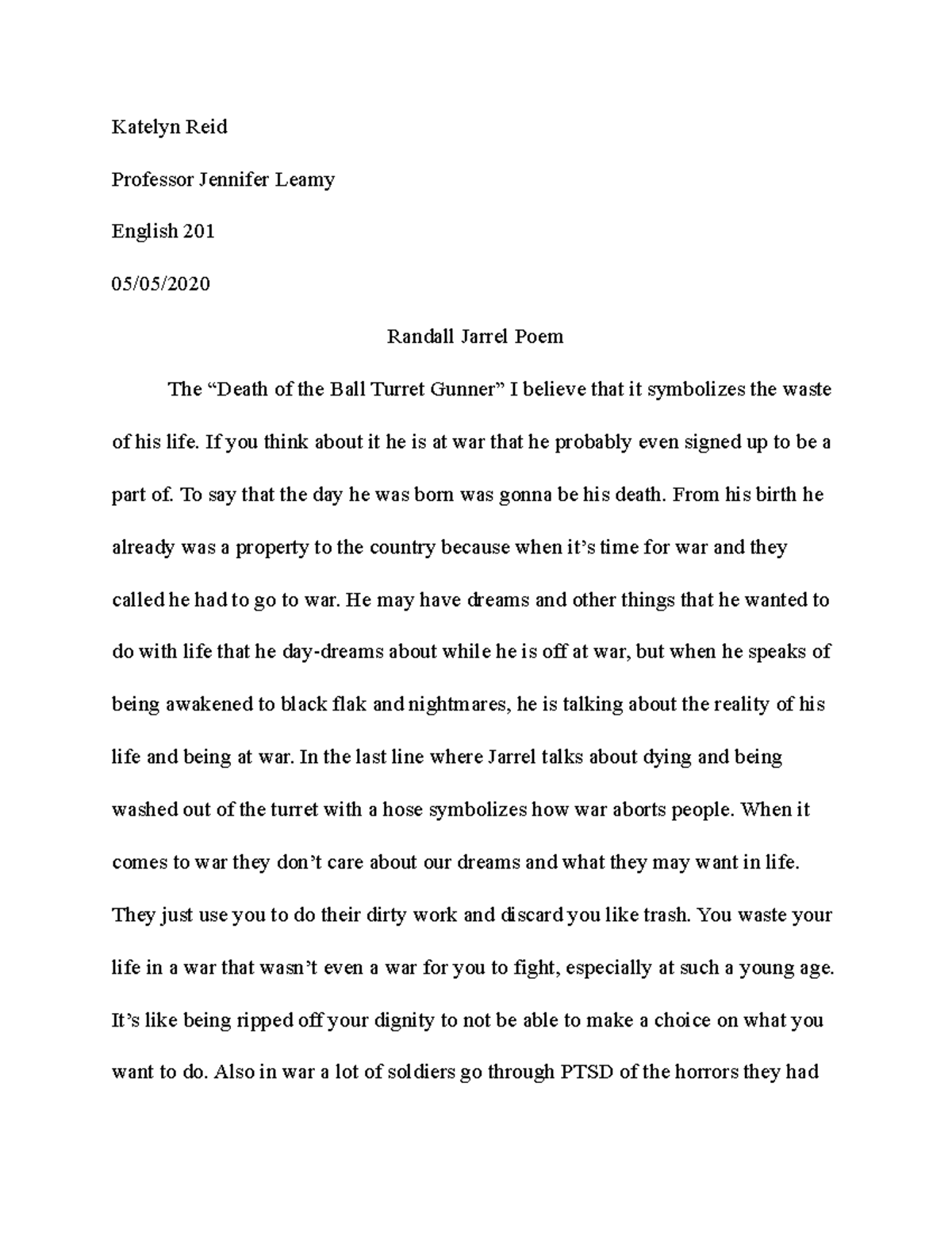 Randall Jarrel Poem - Katelyn Reid Professor Jennifer Leamy English 201 ...