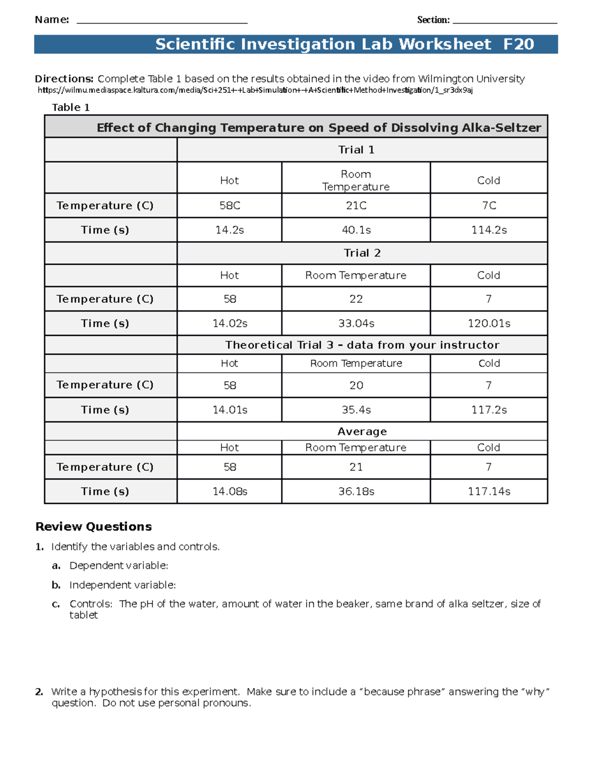 1 F20 Scientifc Investigation Worksheet - Directions: Complete Table 1 ...