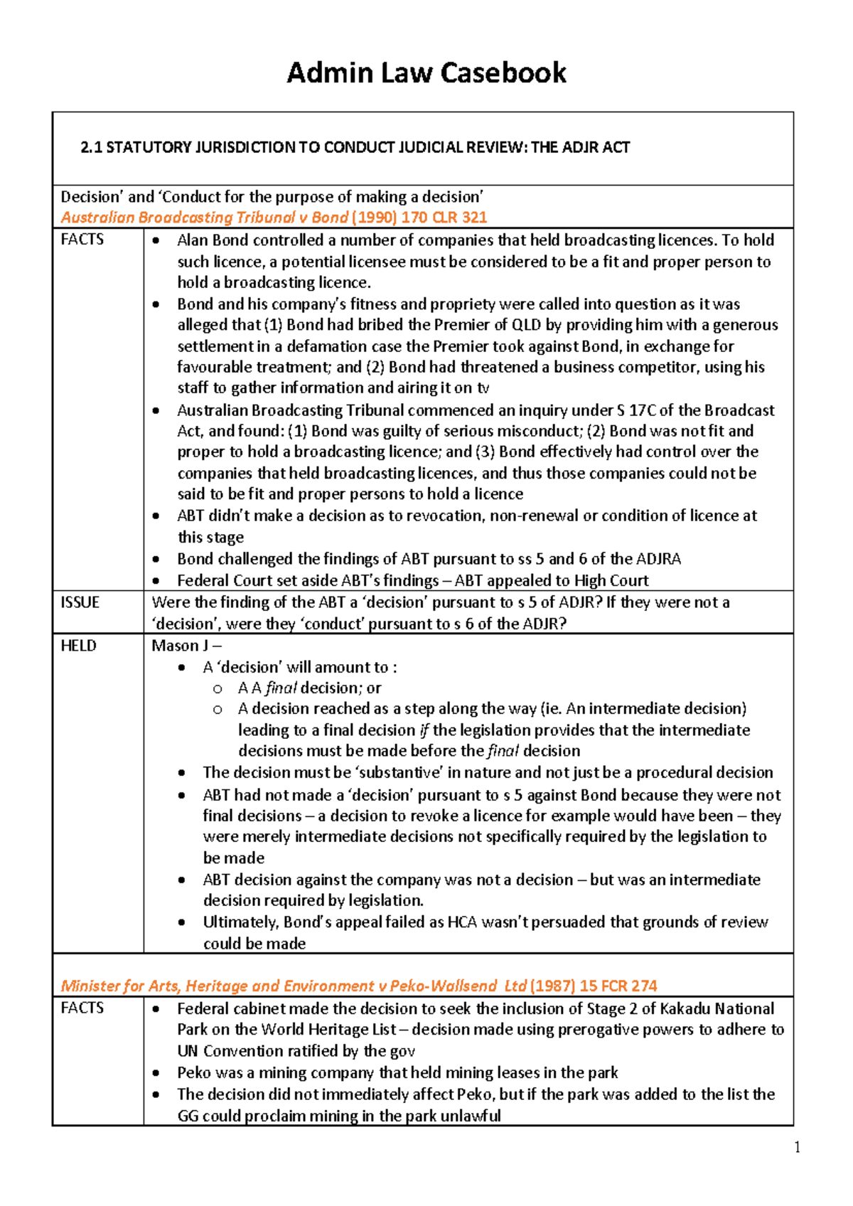 Admin Law Casebook - Use for cases - Admin Law Casebook 2 STATUTORY ...