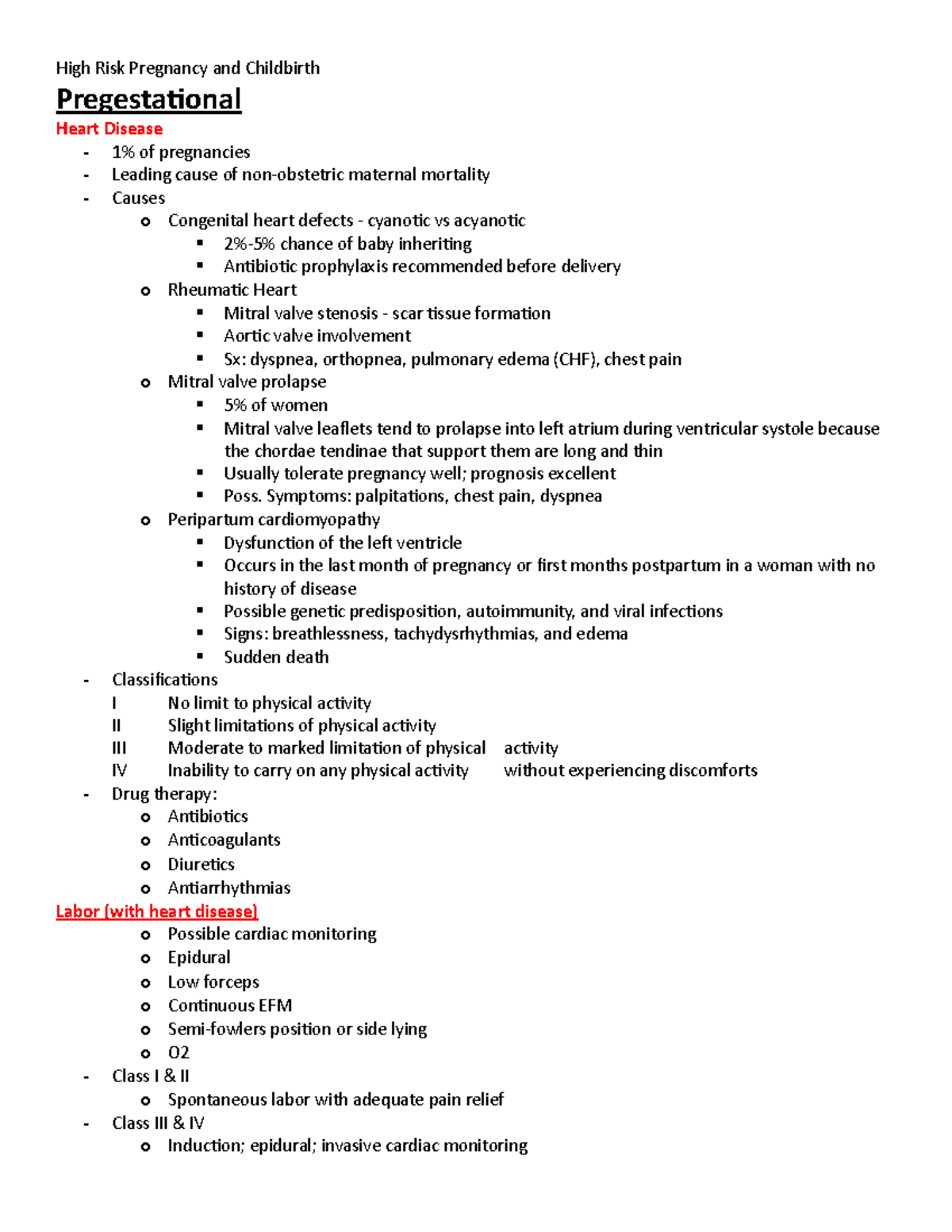 high risk Pregnancy notes - Pregestational Heart Disease - 1% of ...