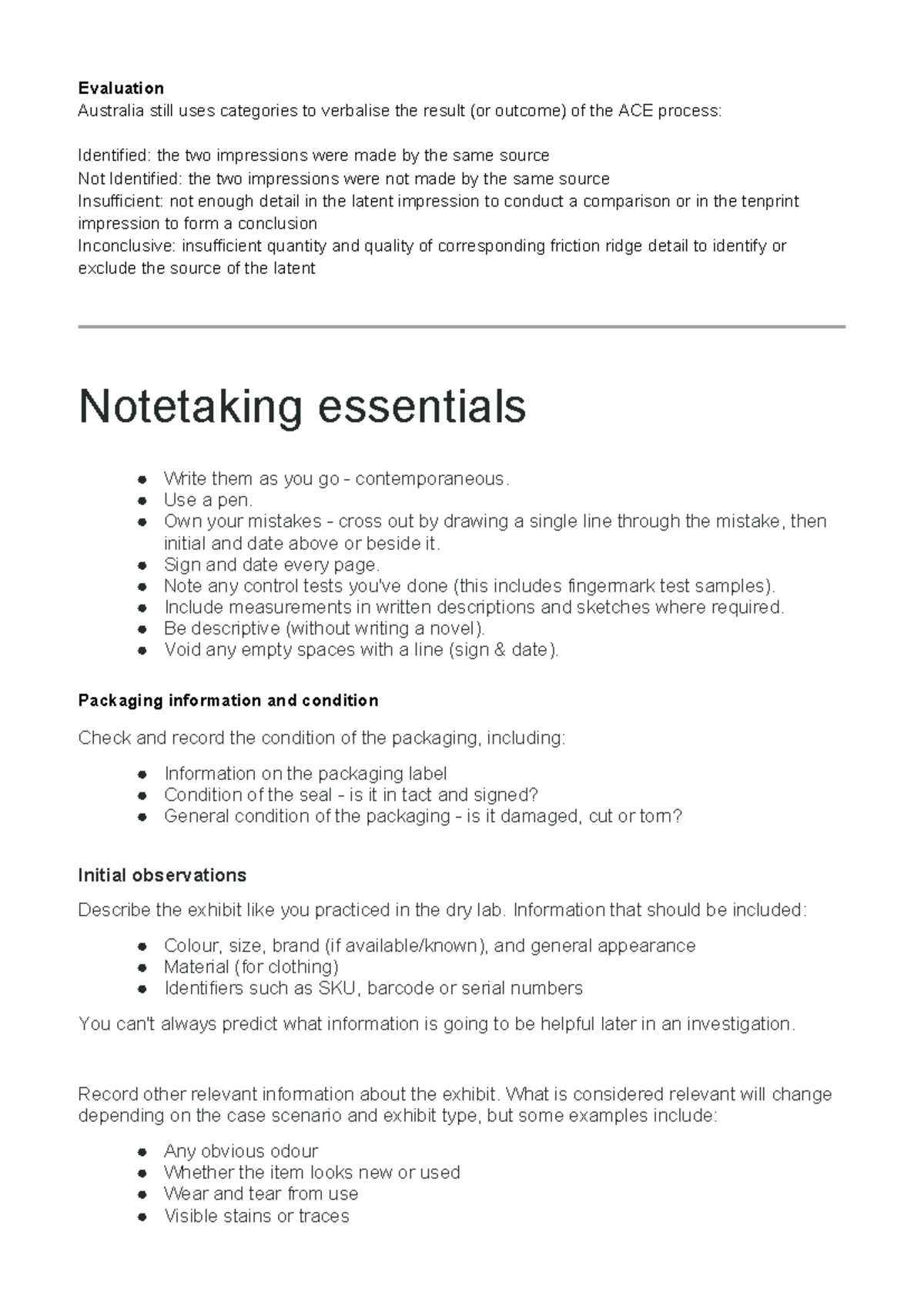 ACE Notes - Criminalistics - Evaluation Australia still uses categories ...
