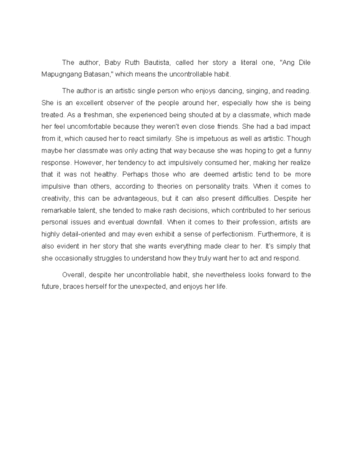 Biographical Criticism - The author, Baby Ruth Bautista, called her ...