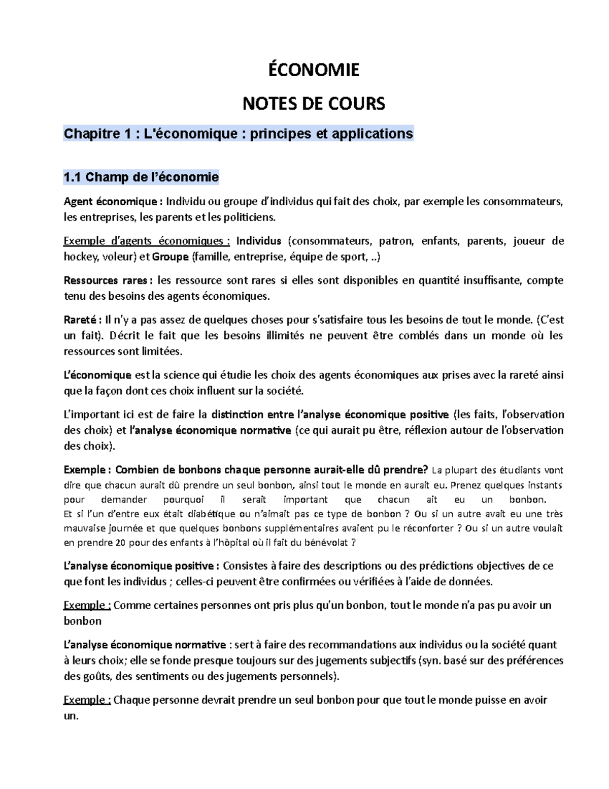 Chapitre 1-2 - ÉCONOMIE NOTES DE COURS Chapitre 1 : L'économique ...