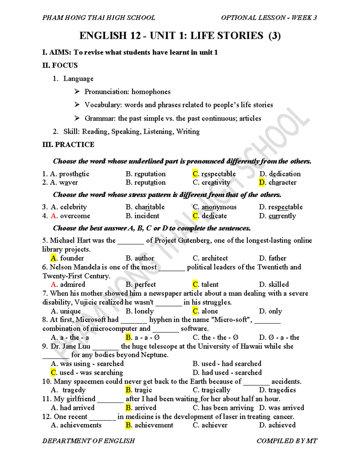 English 12 Optional Lesson 3 Week 3 Unit 1 3 Hs English 12 Unit 1 Life Stories 3 I