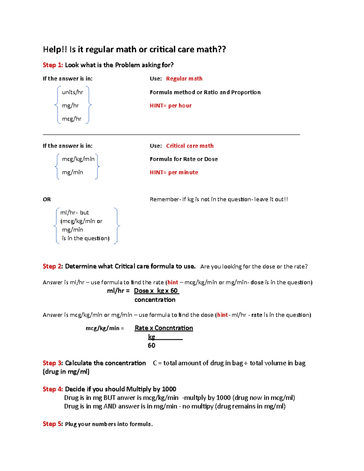 5 Steps to Critical Care Math-1 - Help!! Is it regular math or critical ...
