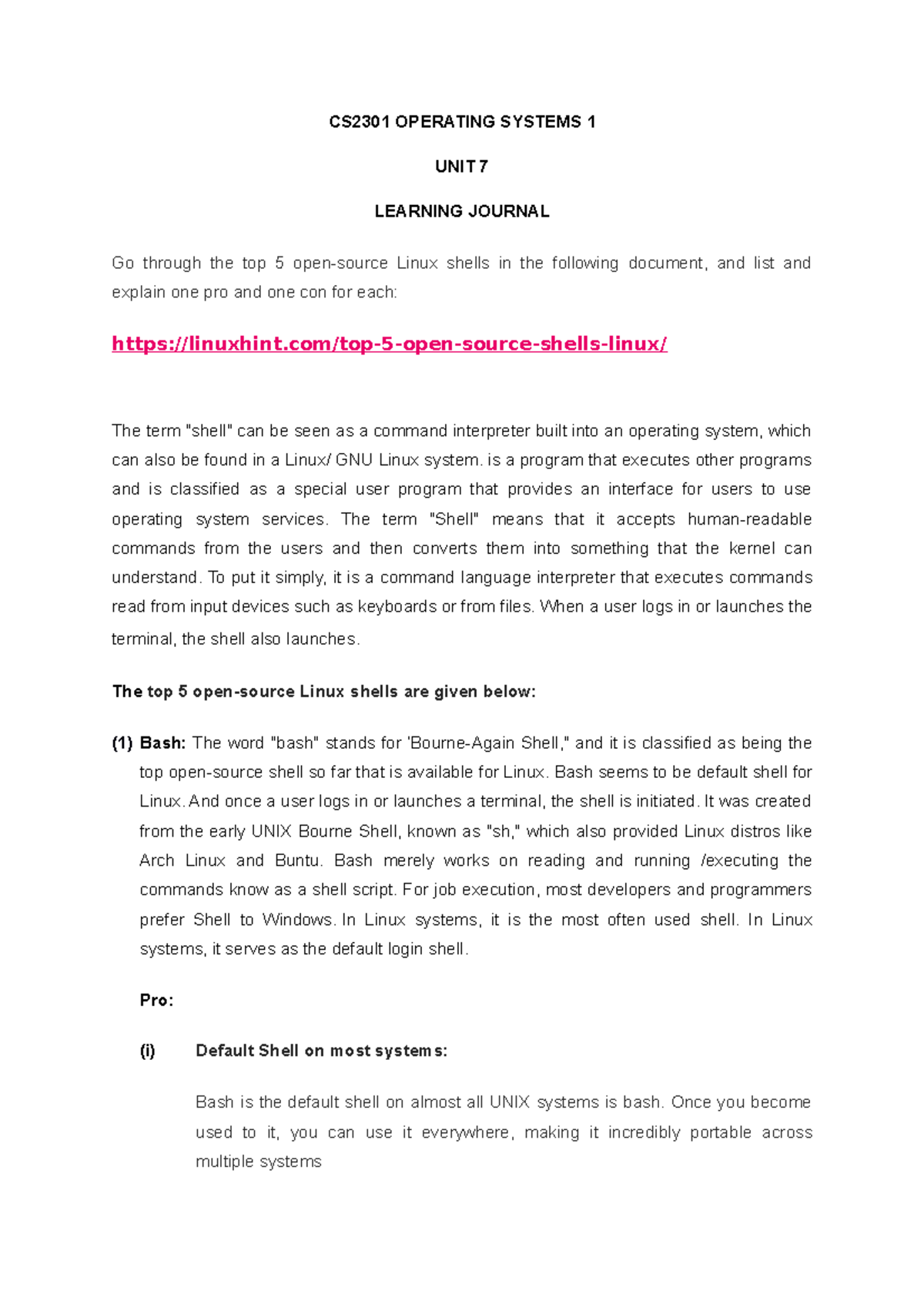 CS2301 Operating Systems 1 UNIT 7 LJ - CS2301 OPERATING SYSTEMS 1 UNIT 7 LEARNING JOURNAL Go ...