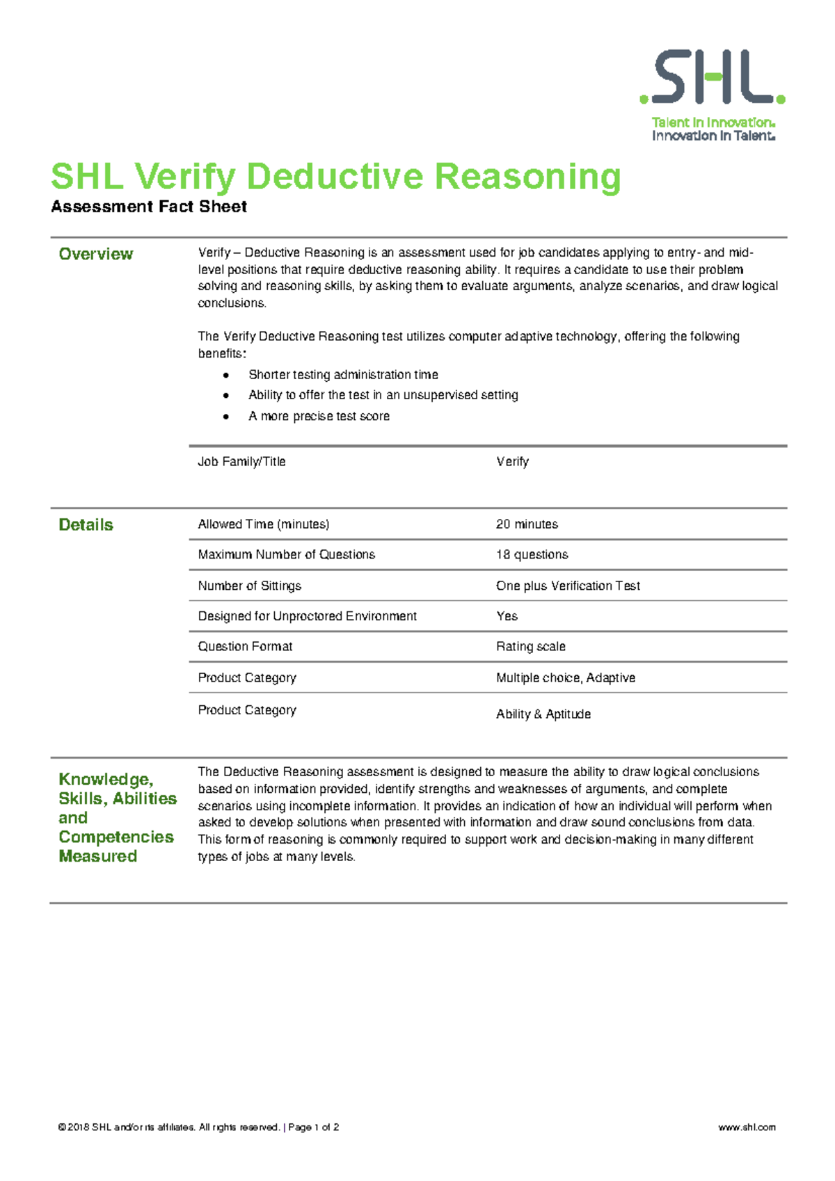 Verify Deductive Reasoning Fact Sheet - © 2018 SHL and/or its ...