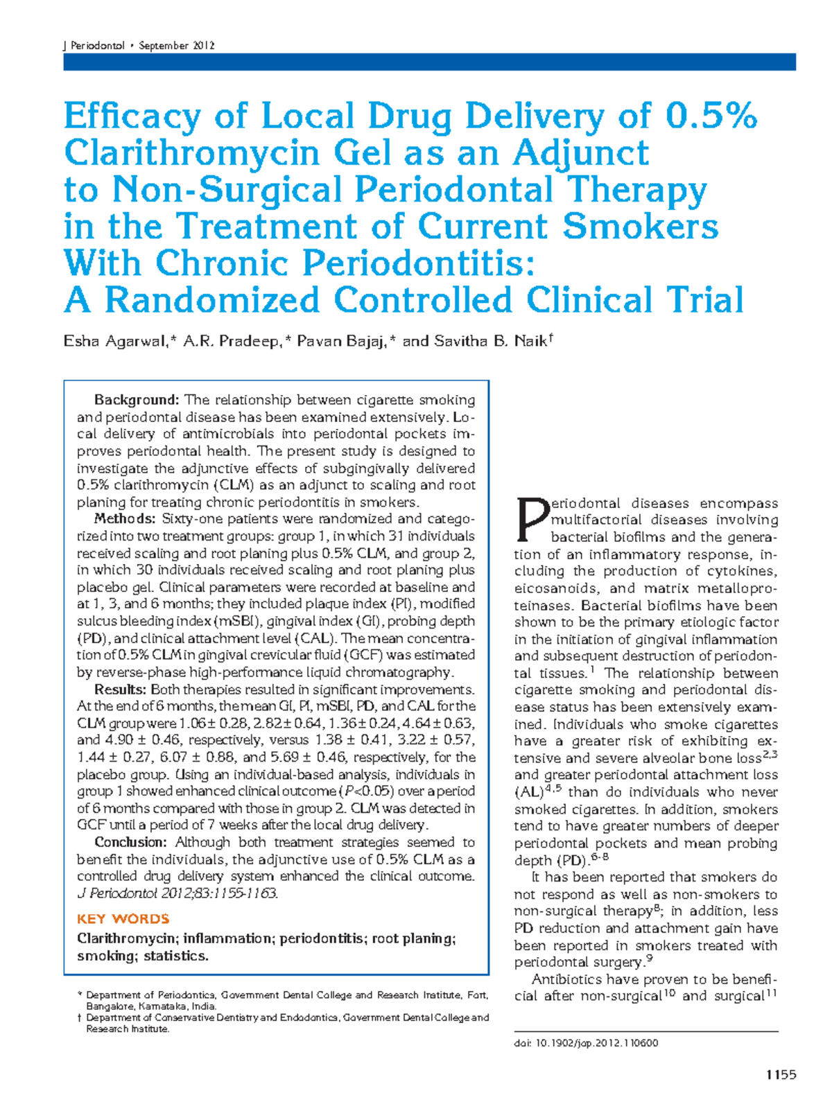 Agarwal 2012 - Efficacy of Local Drug Delivery of 0% Clarithromycin Gel ...