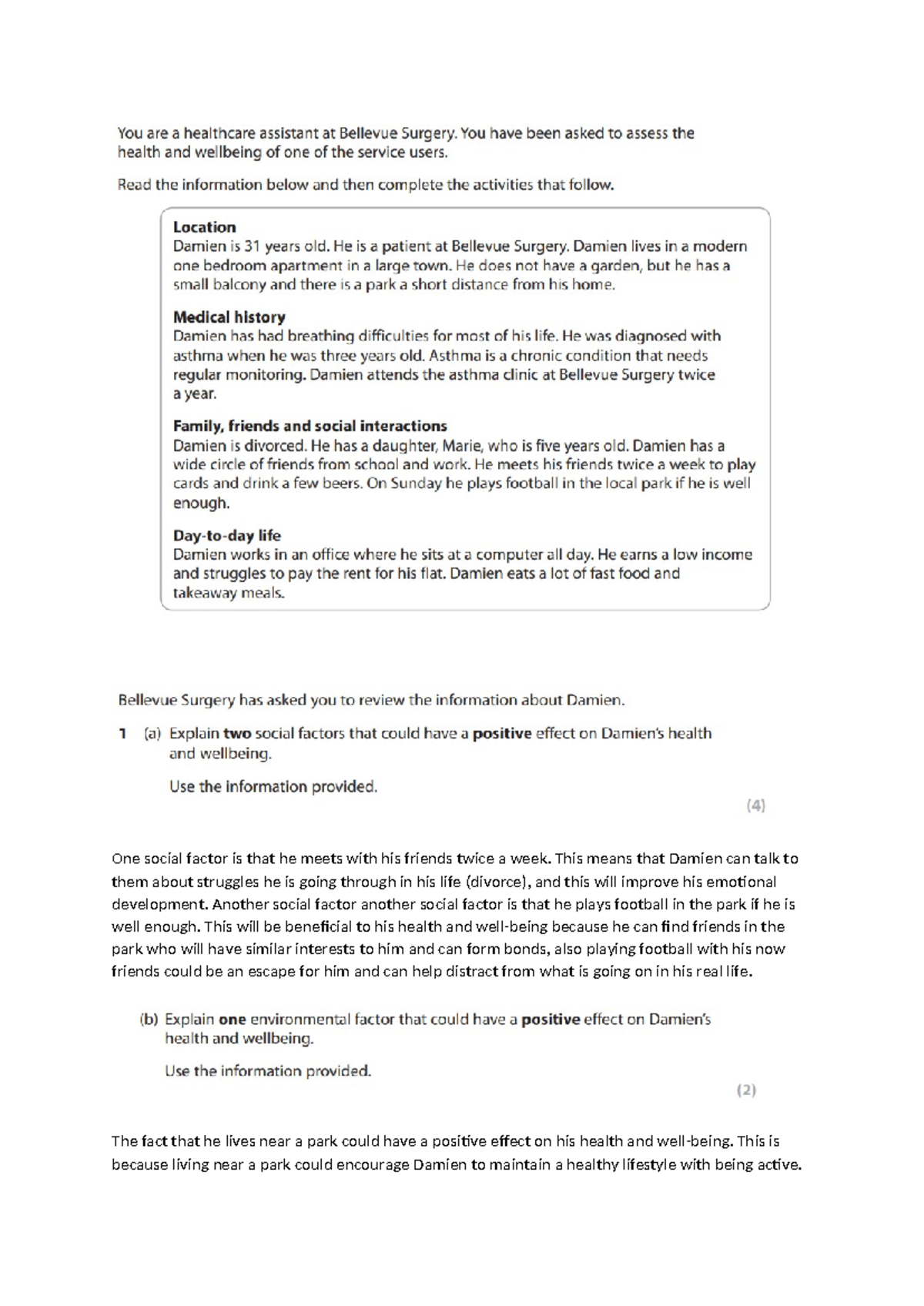 unit 2 example exam paper question for health and social care ...
