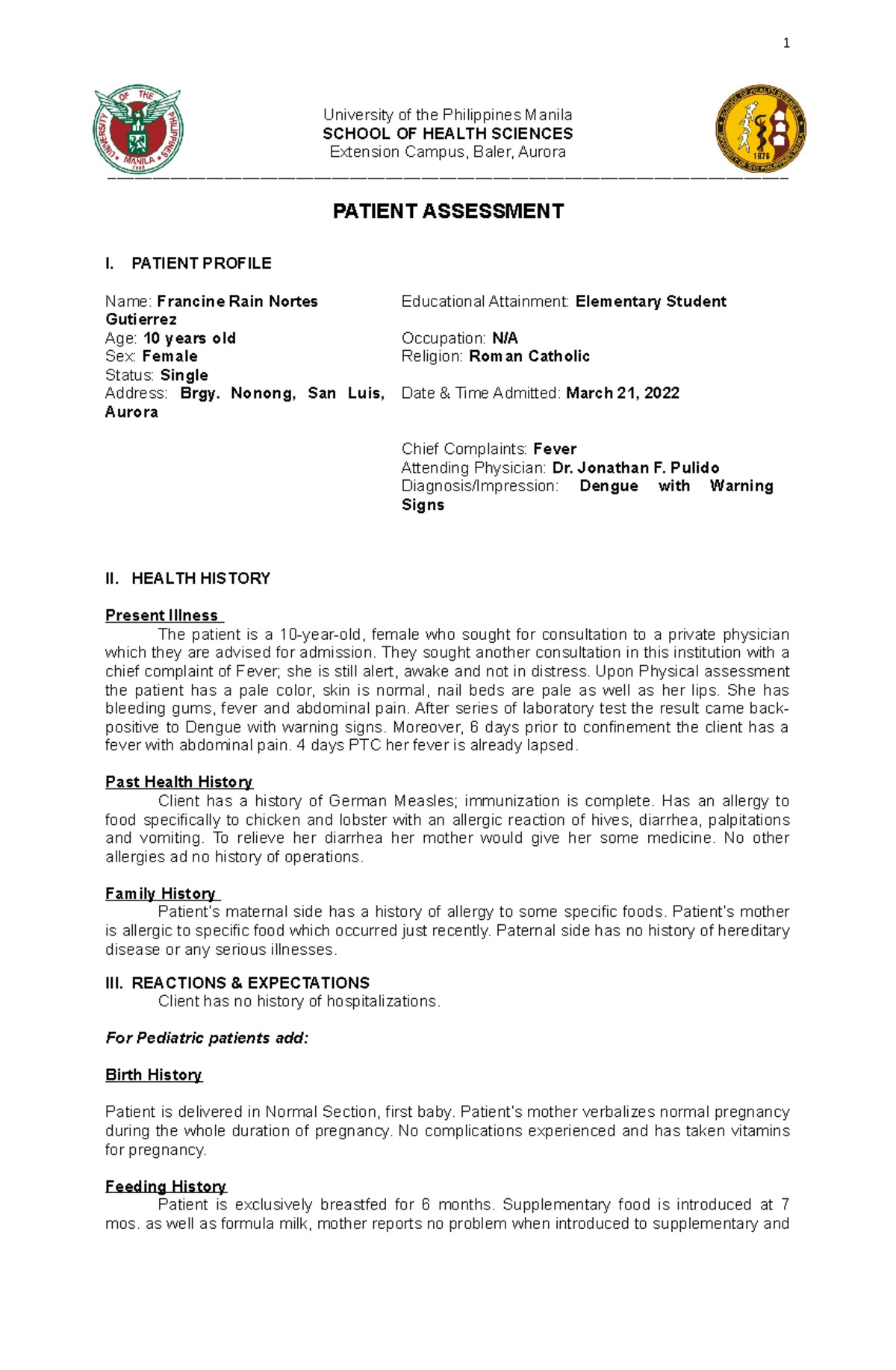 Patient Assessment Pedia WARD - University of the Philippines Manila ...