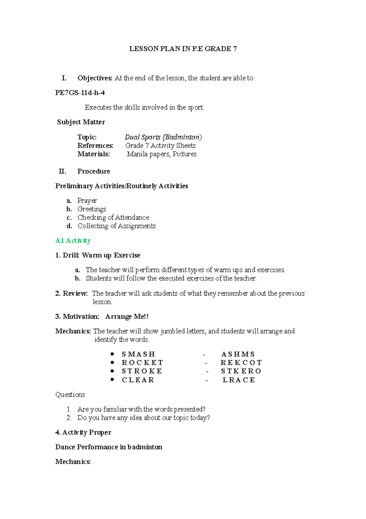 Lesson Plan in P.E (Grade 7) - LESSON PLAN IN P GRADE 7 I. Objectives ...