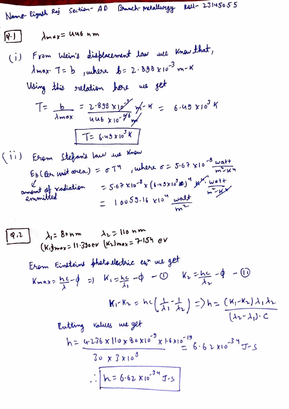 23145055 A4 - assignment of phy 101 - liyush Raj AD 23145055 2 Amax 446 nm (i) From displacement ...