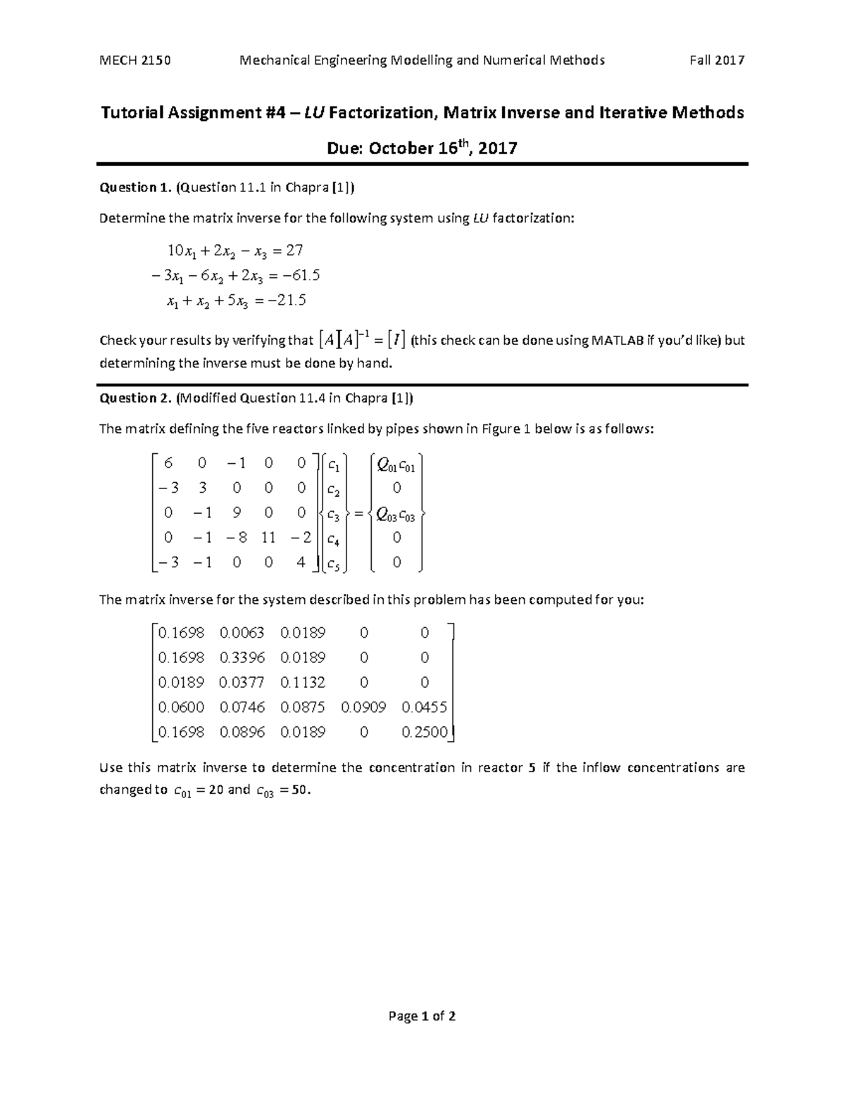 Tutorial Assignment 4 - MECH 2150 Mechanical Engineering Modelling and Numerical Methods - Studocu