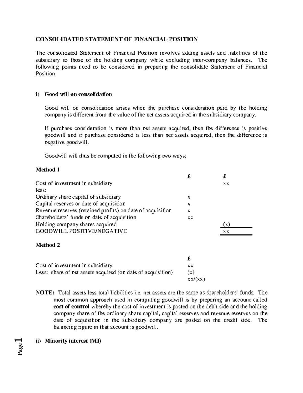 Consolidated Statement OF Financial Position - The following points ...