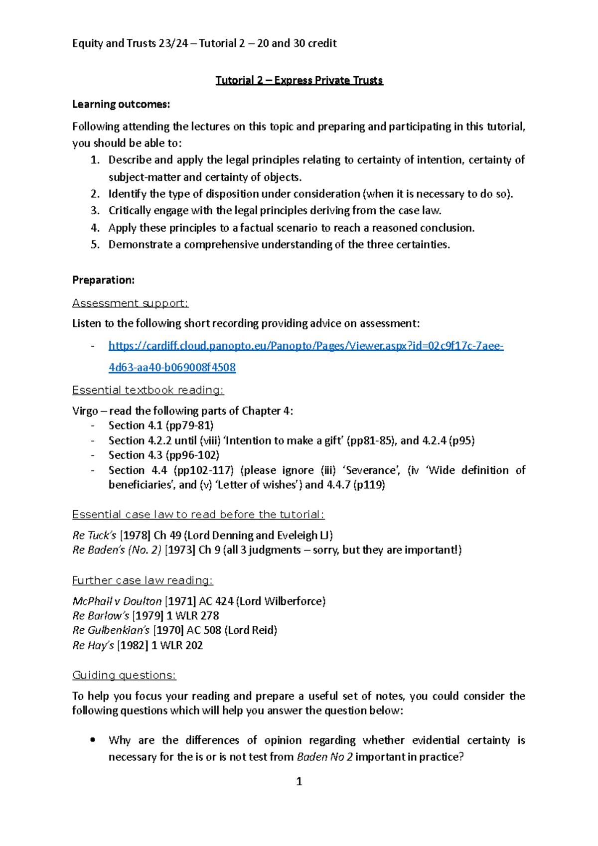 Tutorial 2 - worksheet - Equity and Trusts 23/24 – Tutorial 2 – 20 and 30 credit Tutorial 2 ...