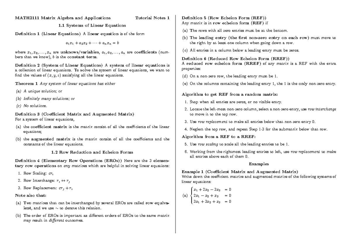 Math2111 Tutorial 1 - info - Linear algebra - HKU - Studocu