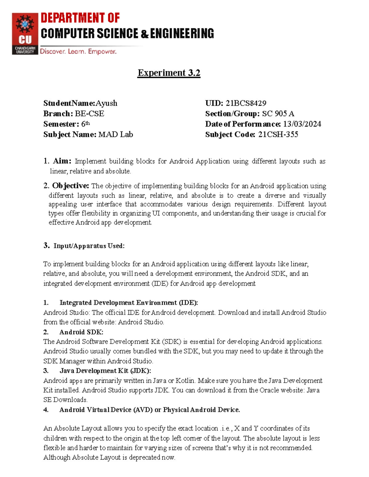 MAD 3.2 worksheet - COMPUTER SCIENCE & ENGINEERING Experiment 3. StudentName:Ayush Branch: - Studocu