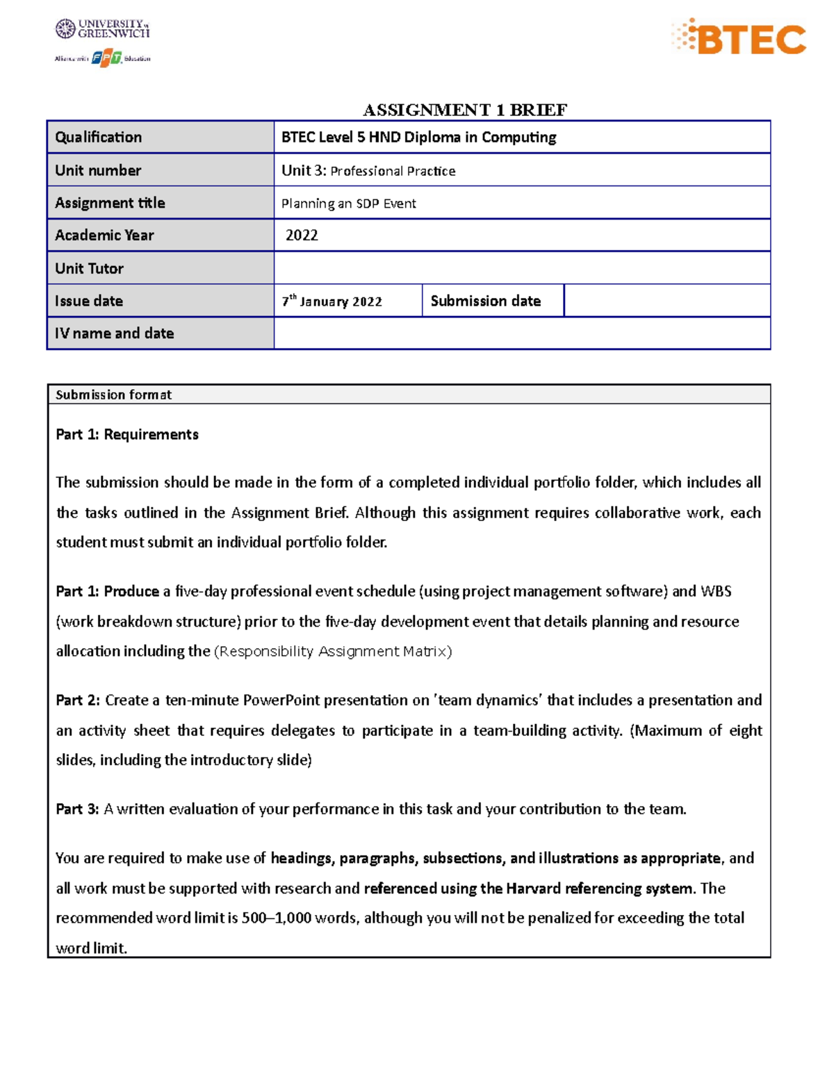 RQF-update Assignment 1 Brief-2022 PP - ASSIGNMENT 1 BRIEF Qualification BTEC Level 5 HND ...