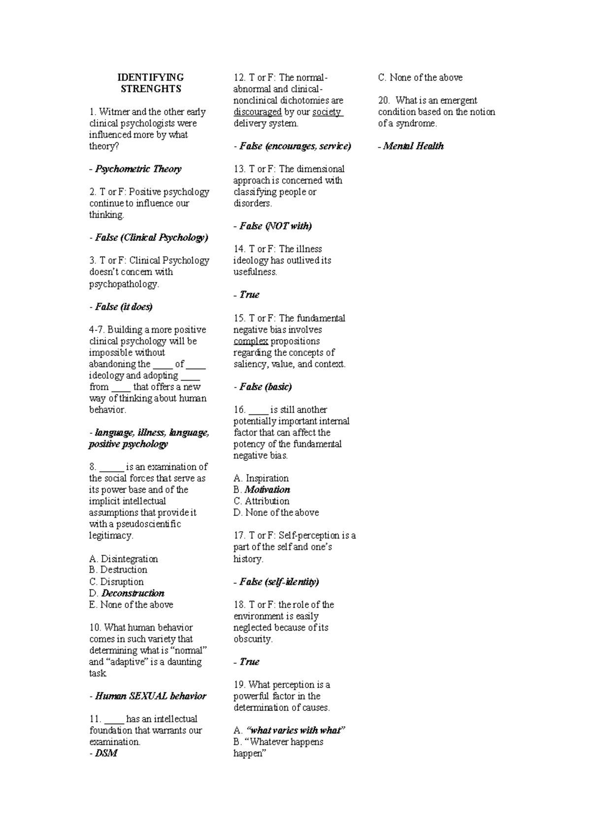 Chapter 2 Positive Psych Questions - IDENTIFYING STRENGHTS Witmer and the other early clinical ...