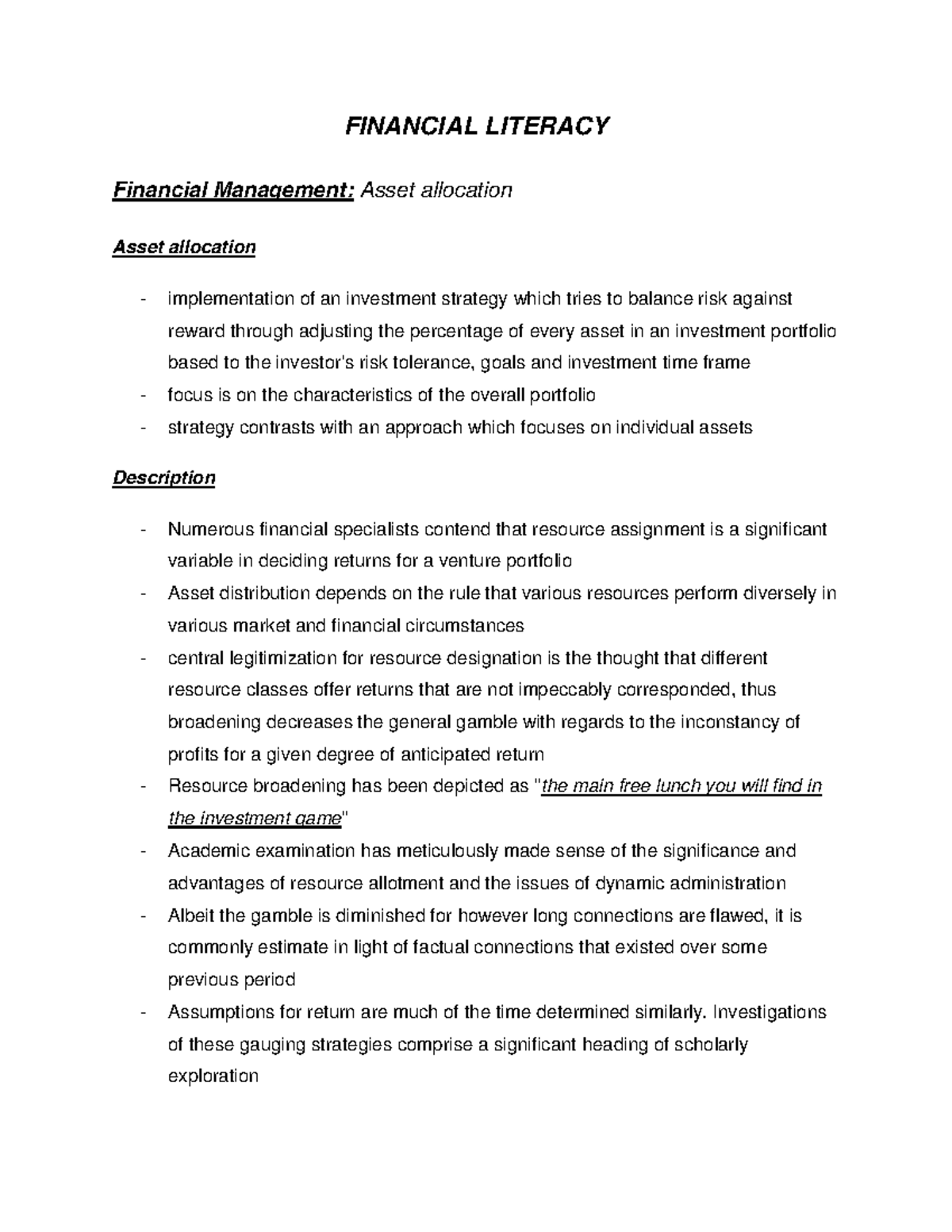 Financial Management Asset allocation - FINANCIAL LITERACY Financial ...