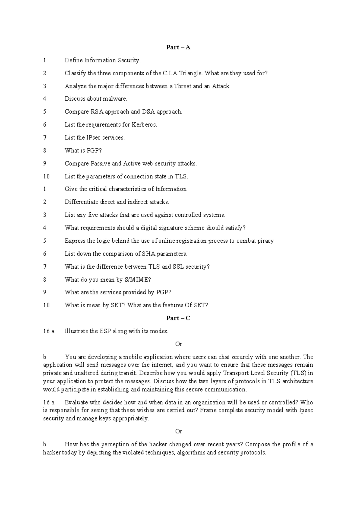 DIS Model Imp Questions - Part – A 1 Define Information Security. 2 ...