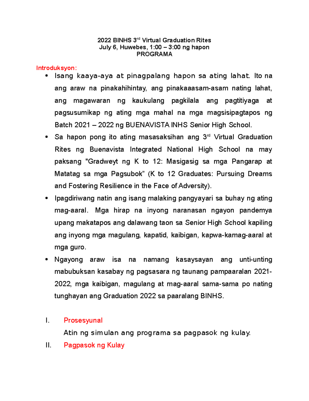 Script-GRAD- Program - Script - 2022 BINHS 3rd Virtual Graduation Rites ...