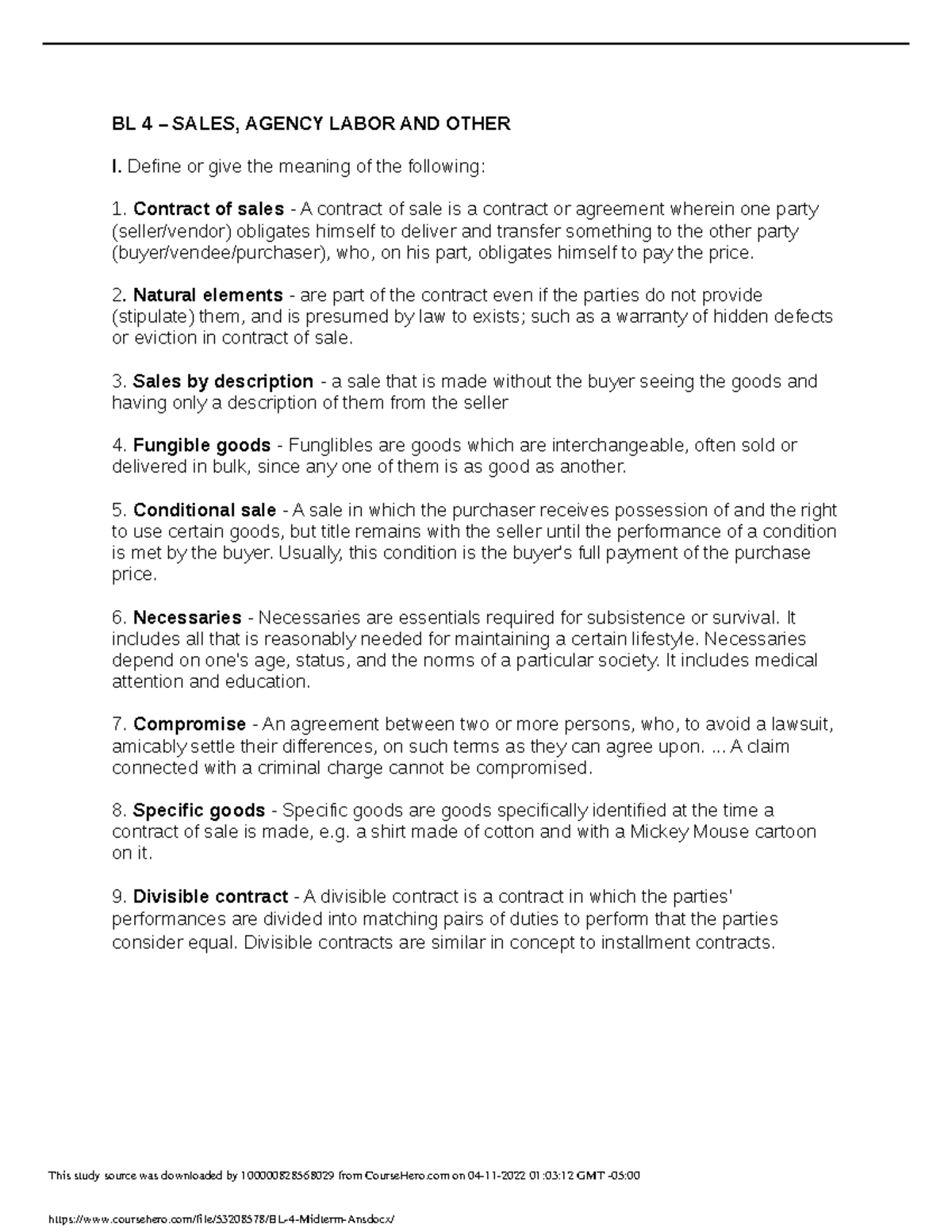 BL 4 Midterm Answer key - BL 4 – SALES, AGENCY LABOR AND OTHER I ...