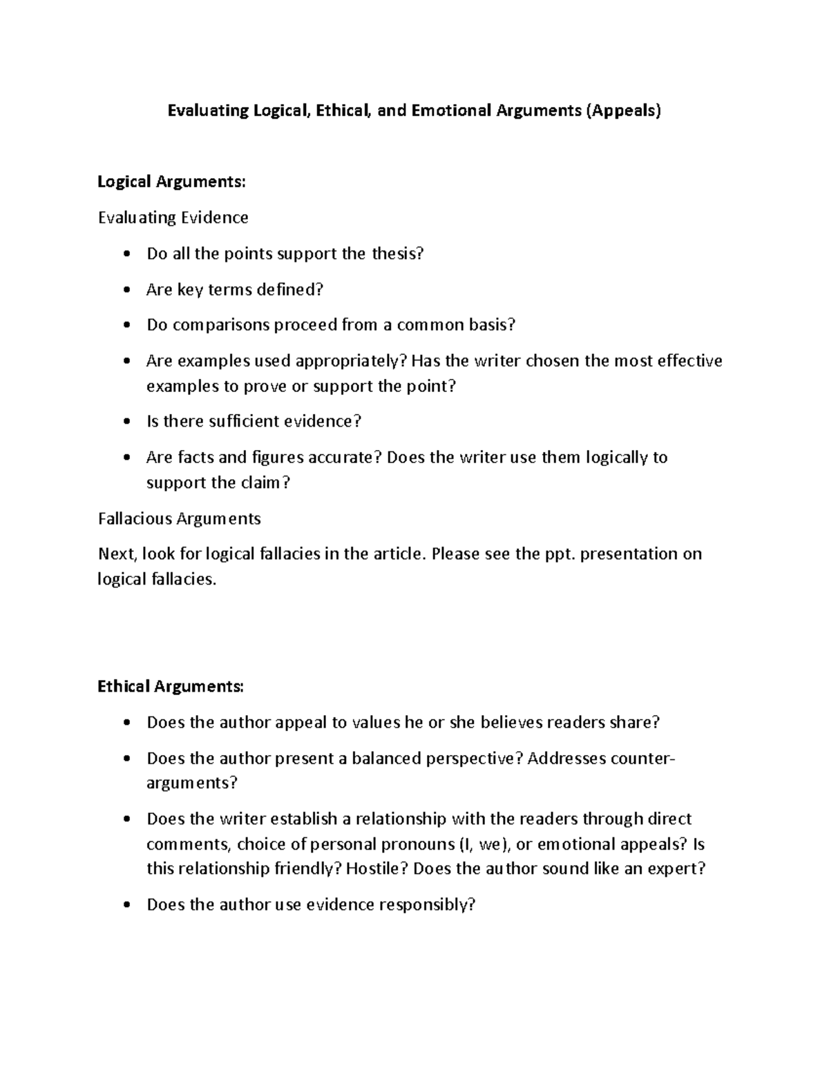 Evaluating Appeals - notes - Evaluating Logical, Ethical, and Emotional ...