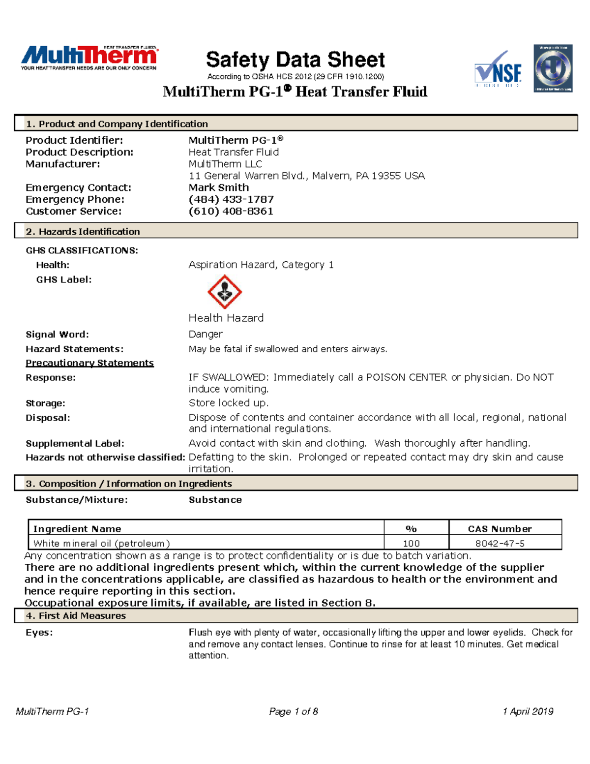 Multi Therm PG-1 SDS 2019 - Safety Data Sheet According to OSHA HCS 2012 (29 CFR 1910 ...