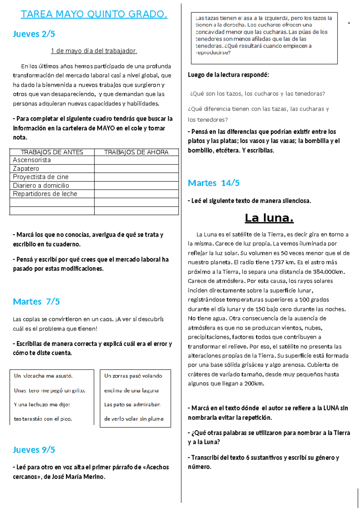 Tarea Mayo - TAREA MAYO QUINTO GRADO. Jueves 2/ 1 de mayo día del ...