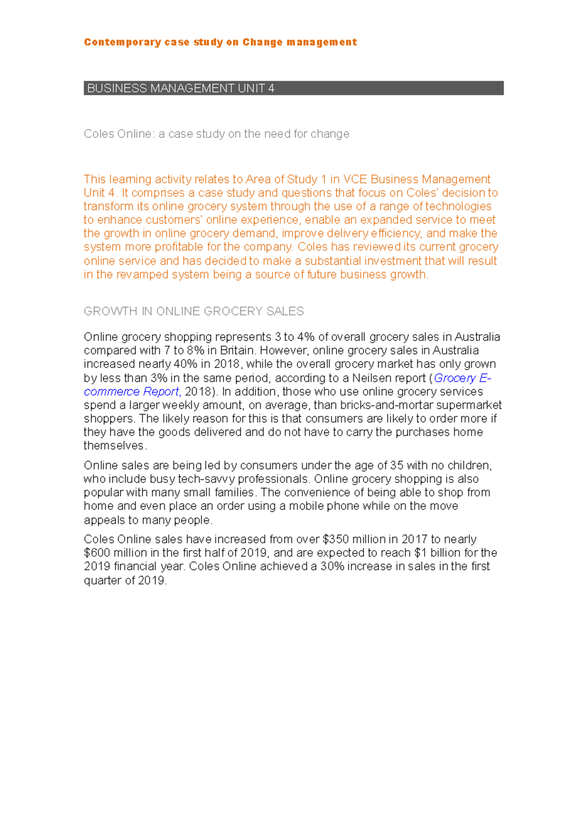 Coles - Change management 2020 - BUSINESS MANAGEMENT UNIT 4 Coles ...