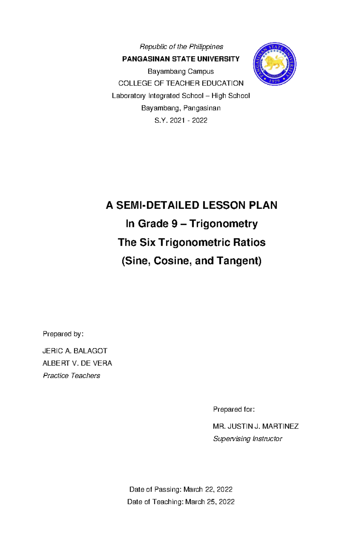 Final Sdlp First Three Trigonometric Ratios Albert De Vera Republic