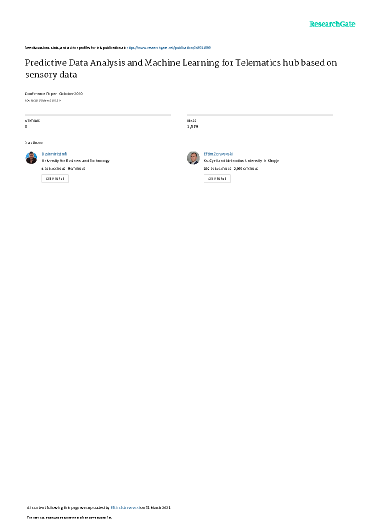 Predictive Data Analysis And Machine Learning For Telematics Hub Based On Sensory Data See