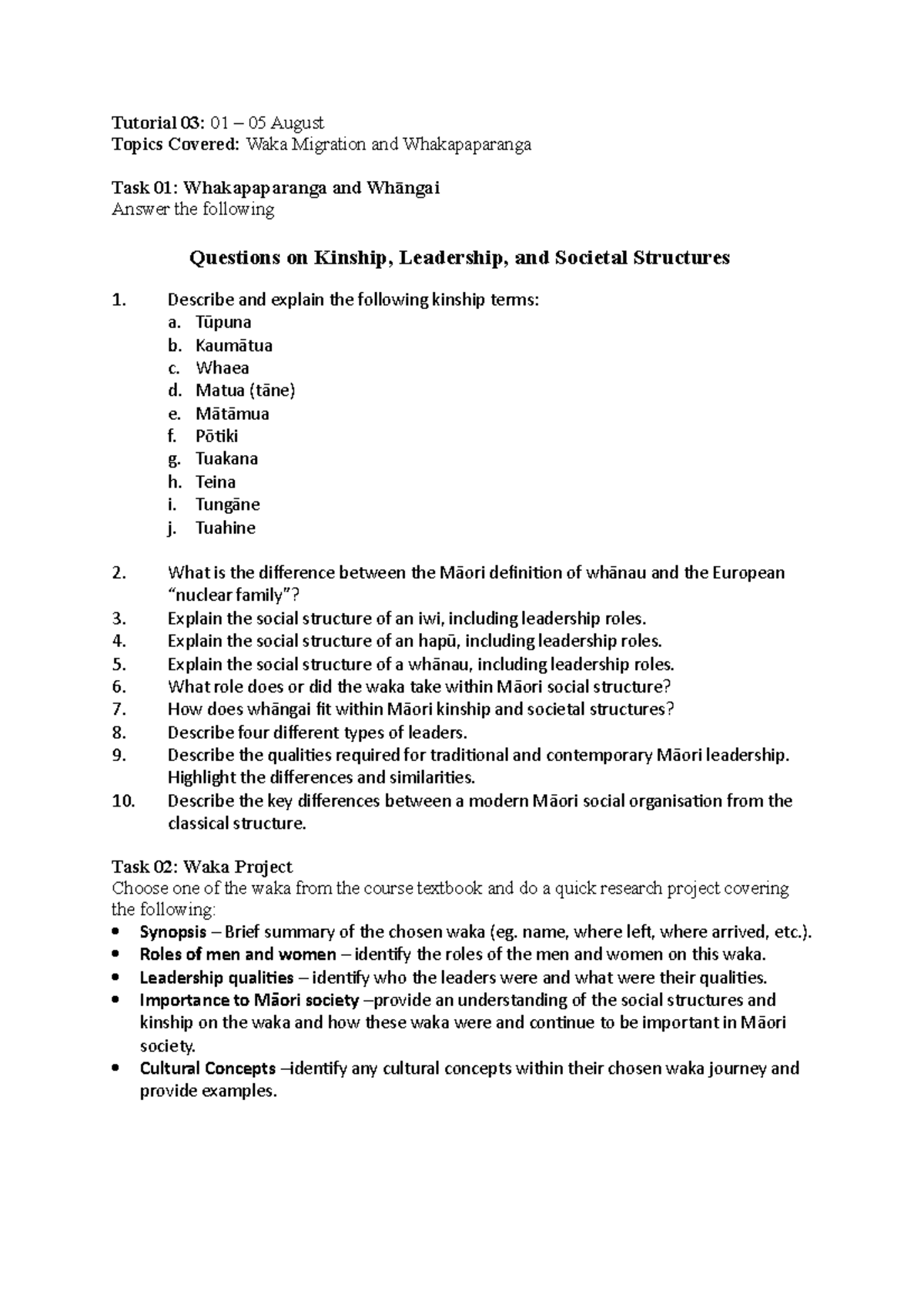 Tutorial 03 MAOR102 - Tutorial 03: 01 – 05 August Topics Covered: Waka ...