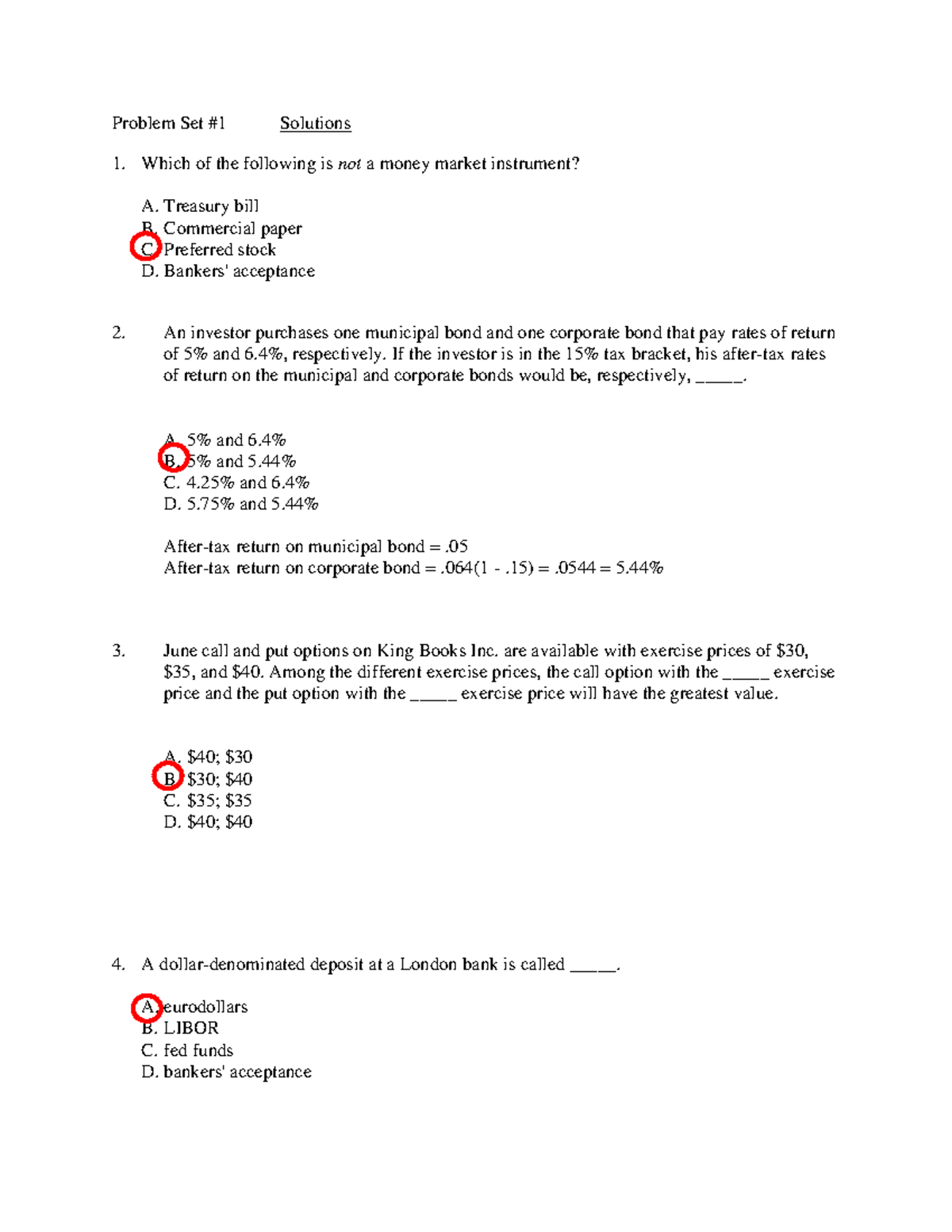PS1 sol - ps1 - Problem Set #1 Solutions Which of the following is not a money market instrument ...