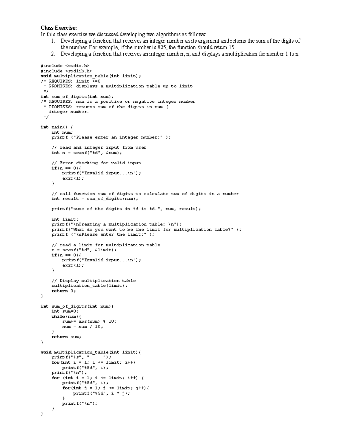 Sum of Digits and Multiplication Table - Class Exercise: In this class ...