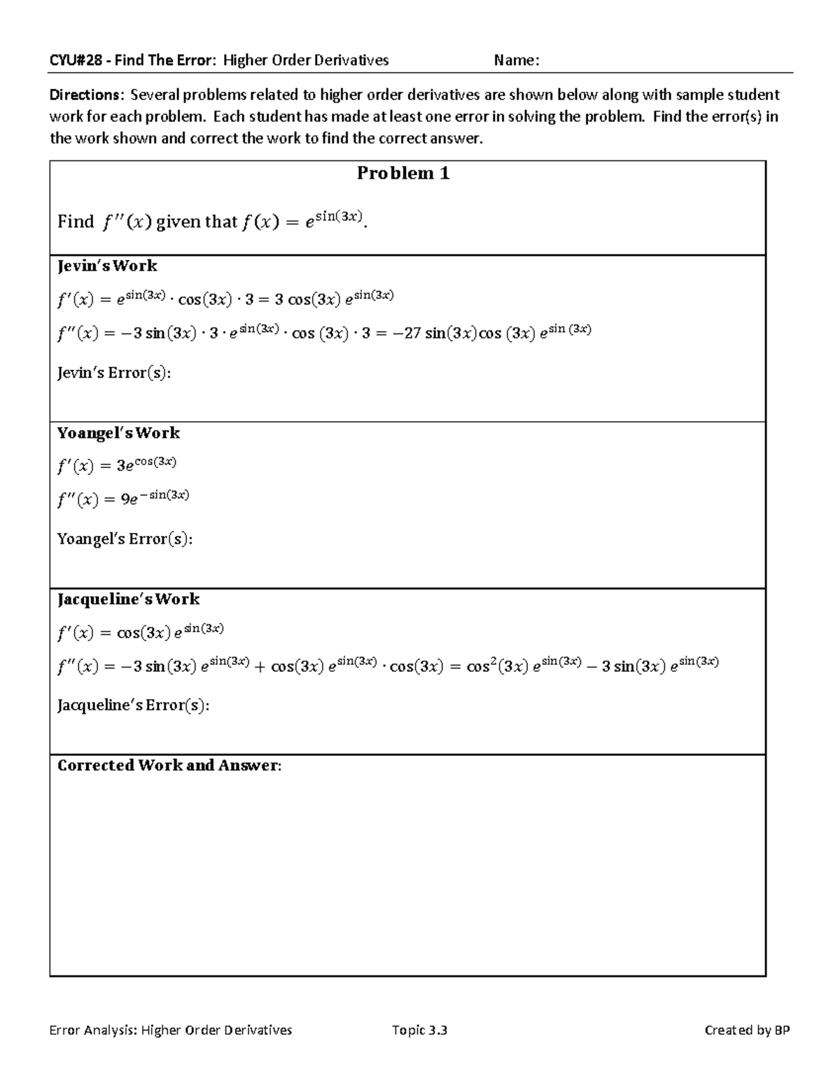 AP Calc CYU#28 Find the Errors - Error Analysis: Higher Order ...