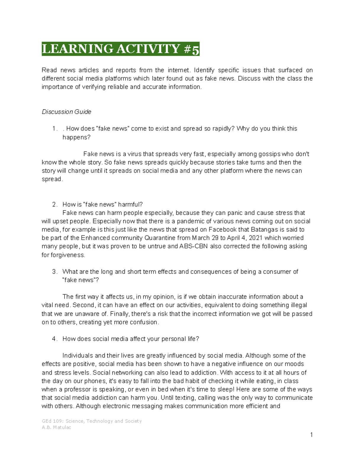 Learning Activity #5 - LEARNING ACTIVITY Read news articles and reports ...