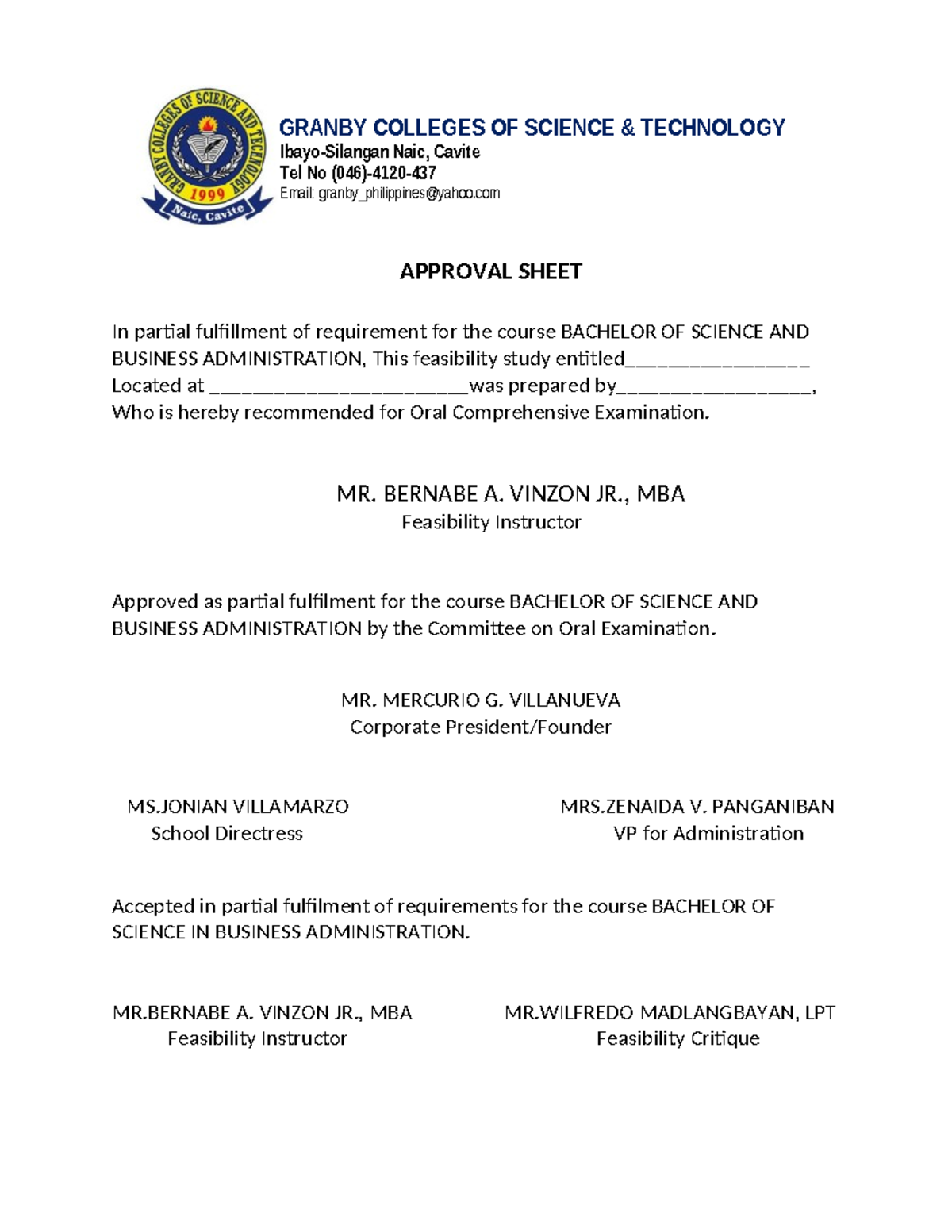 Approval Shhet - SAFDASD - GRANBY COLLEGES OF SCIENCE & TECHNOLOGY ...